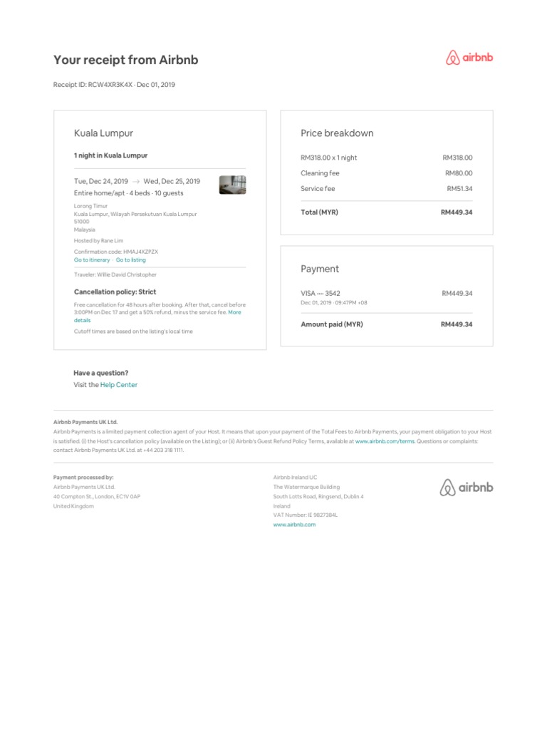 Your Payment Receipt - Christmas 2019 | PDF | Airbnb | Payments