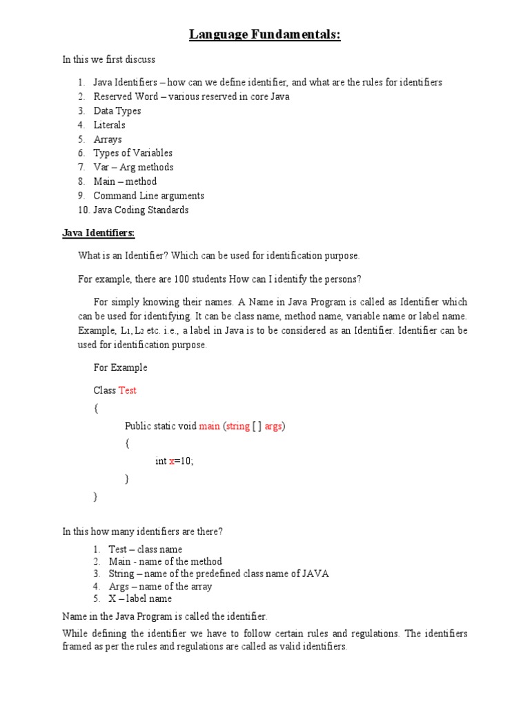 Language Fundamentals Java Identifiers | PDF | Reserved Word | Method (Computer Programming)