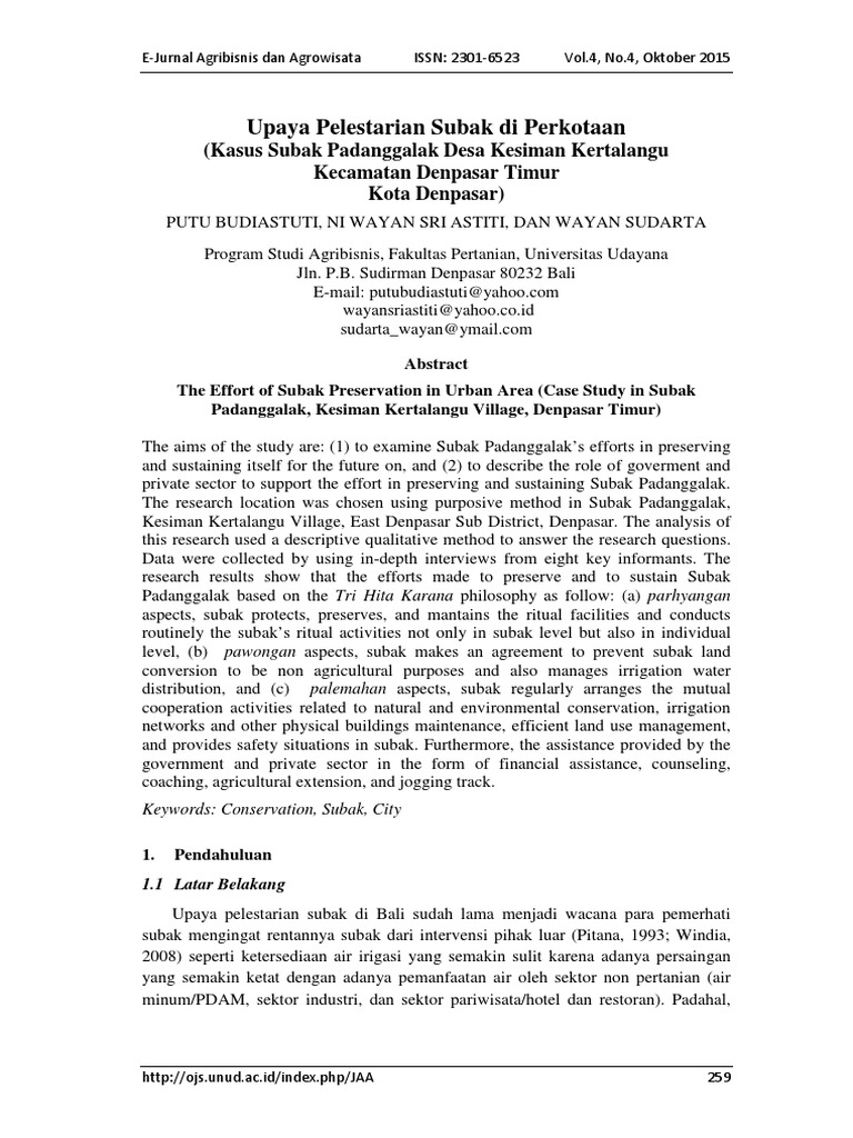 Upaya Pelestarian Subak Di Perkotaan Kasus Subak Padanggalak Desa Kesiman Kertal | PDF | Water ...