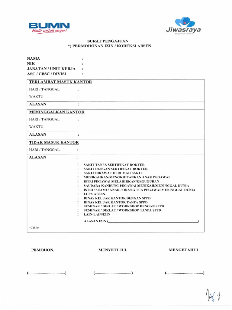 Form Permohonan Izin Dan Koreksi Absensi | PDF