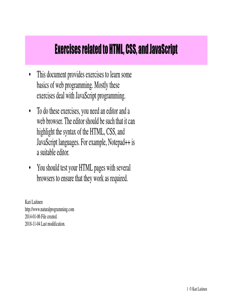 HTML Css Javascript Exercises PDF | PDF | Html Element | Html