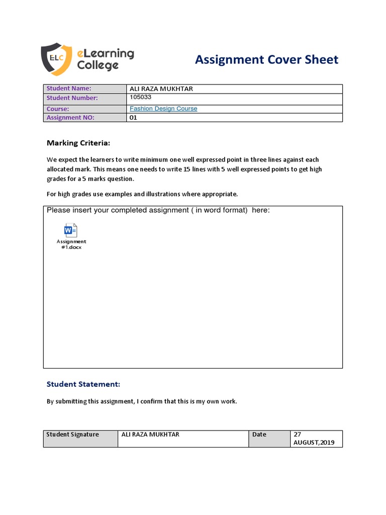 ELC - Assignment Cover Sheet | PDF