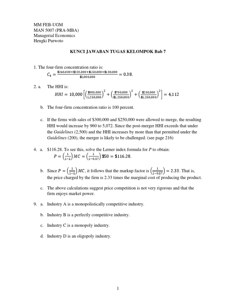 Key Answer of Exercises Chapter 7 - Managerial Economics | PDF