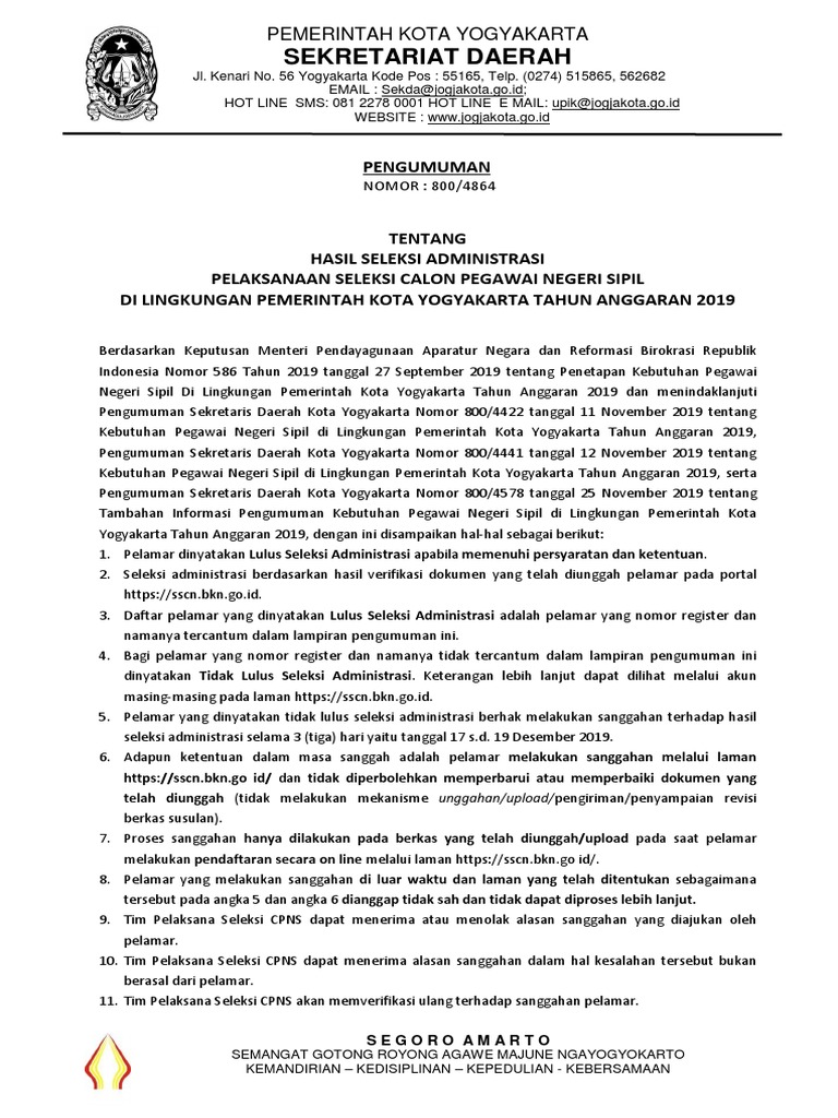 Pengumuman Lolos Seleksi Administrasi CPNS 2019 PDF | PDF