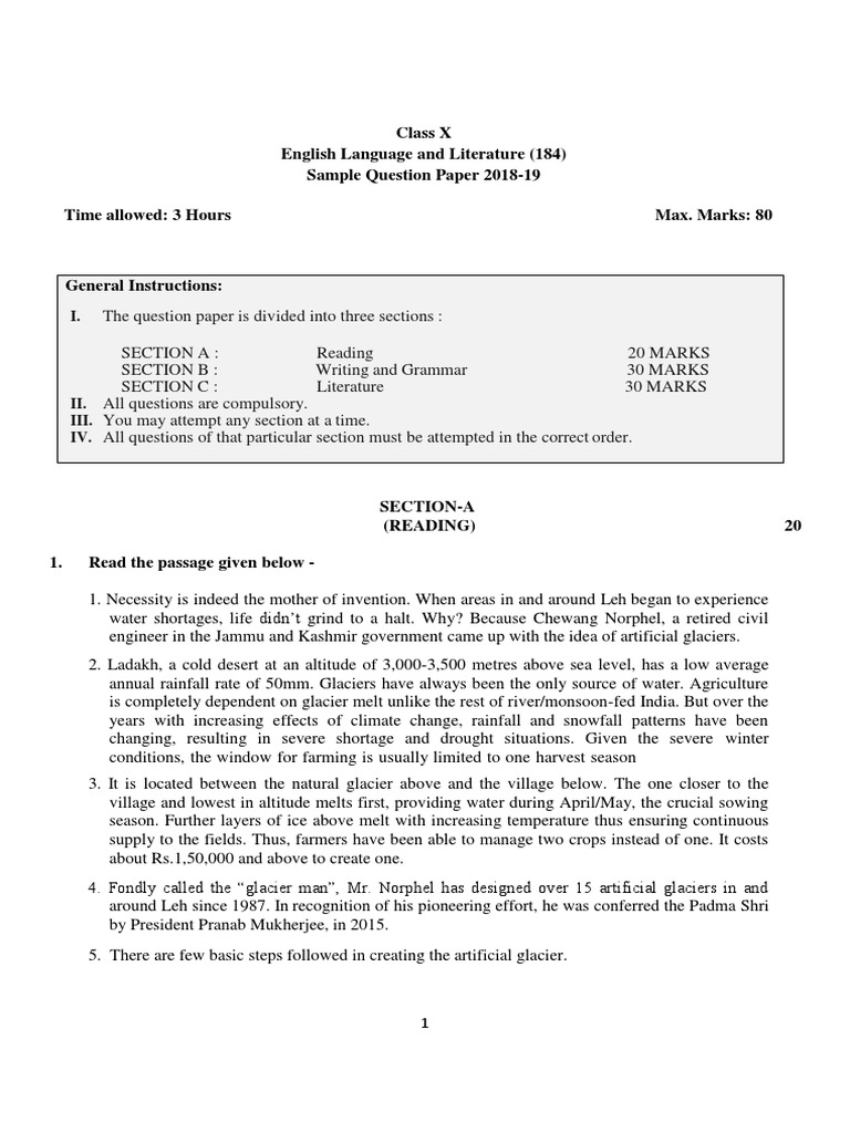 CBSE Sample Question Papers For Class 10 English (Language & Literature ...