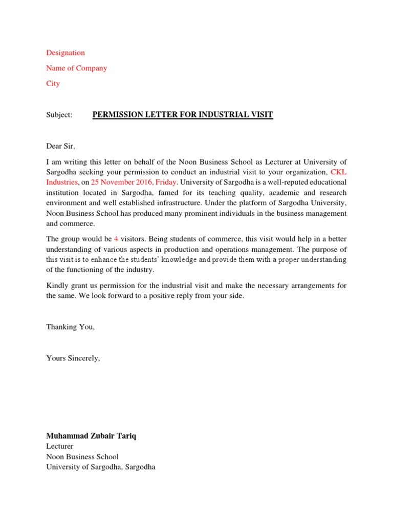 Industrial Visit-Students Permission Letter | PDF
