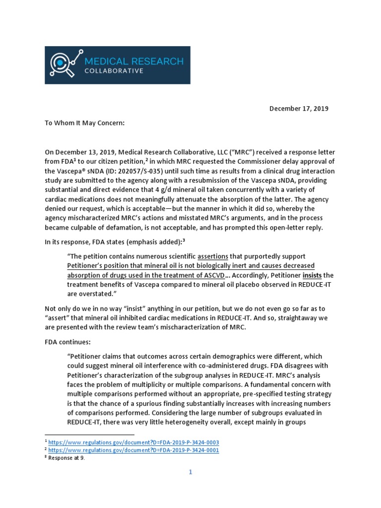 Open Letter To FDA On Its Response To MRC's Citizen Petition RE The ...
