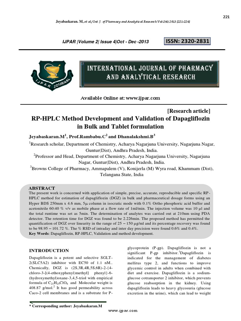 RP-HPLC Method Development and Validation of Dapagliflozin in Bulk and Tablet Formulation | PDF ...