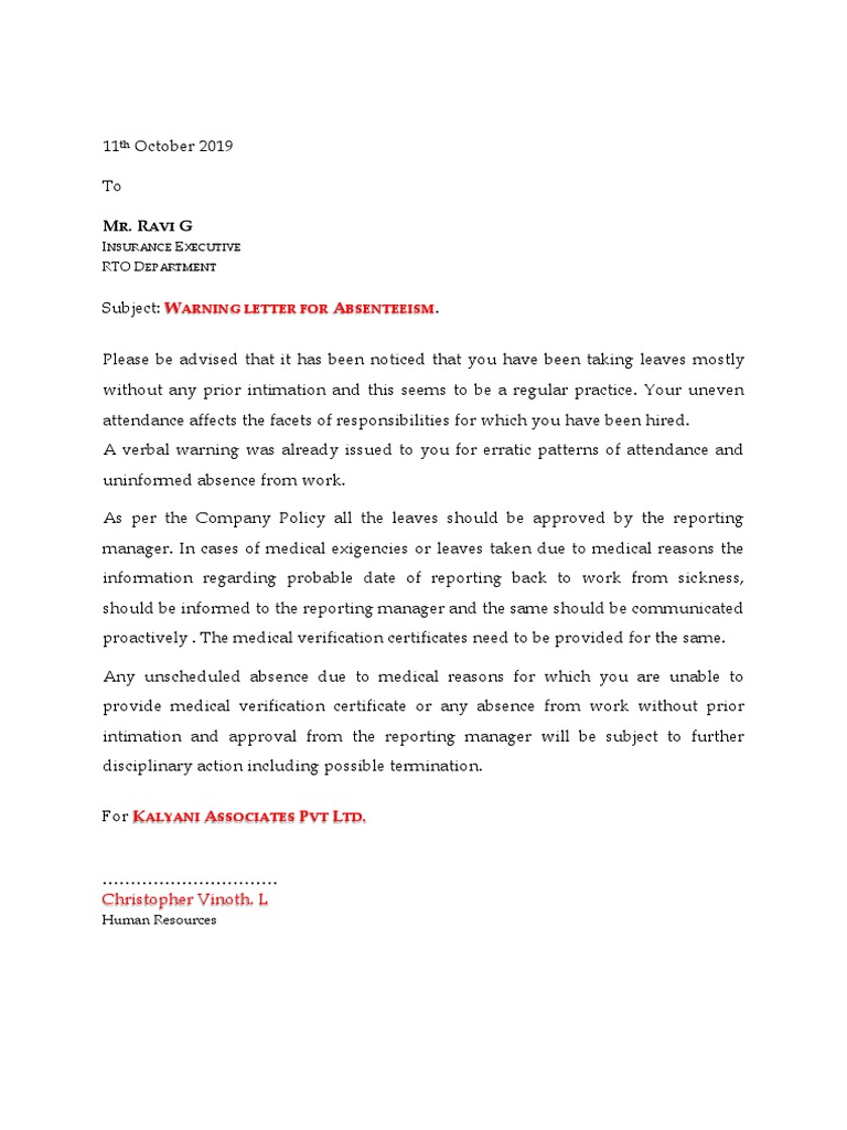 Warning Letter For Absenteeism | PDF