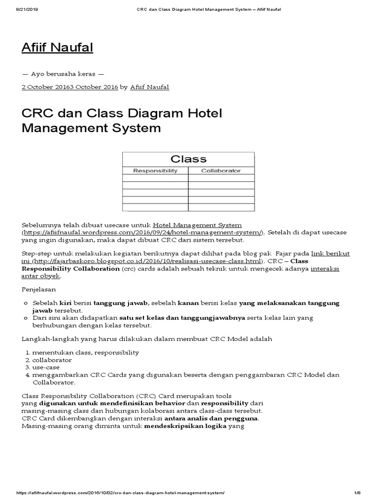 CRC Dan Class Diagram Hotel Management System - Afiif Naufal | PDF
