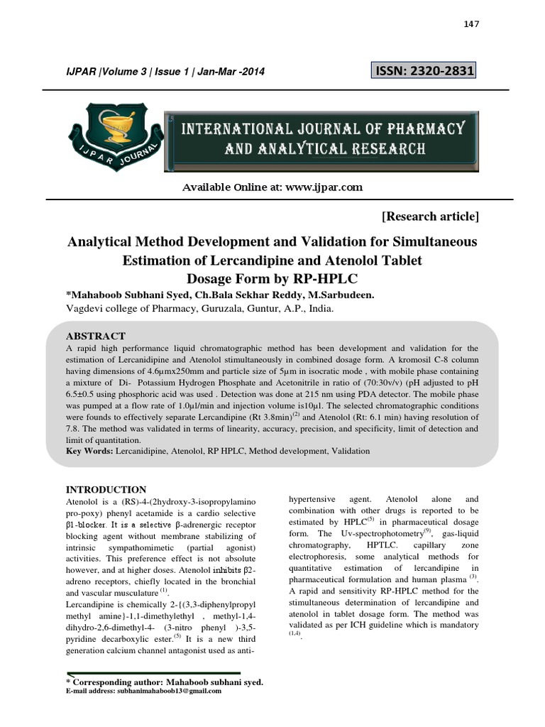 Analytical Method Development and Validation For Simultaneous Estimation of Lercandipine and ...