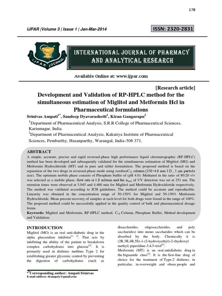 Development and Validation of RP-HPLC Method For The Simultaneous Estimation of Miglitol and ...