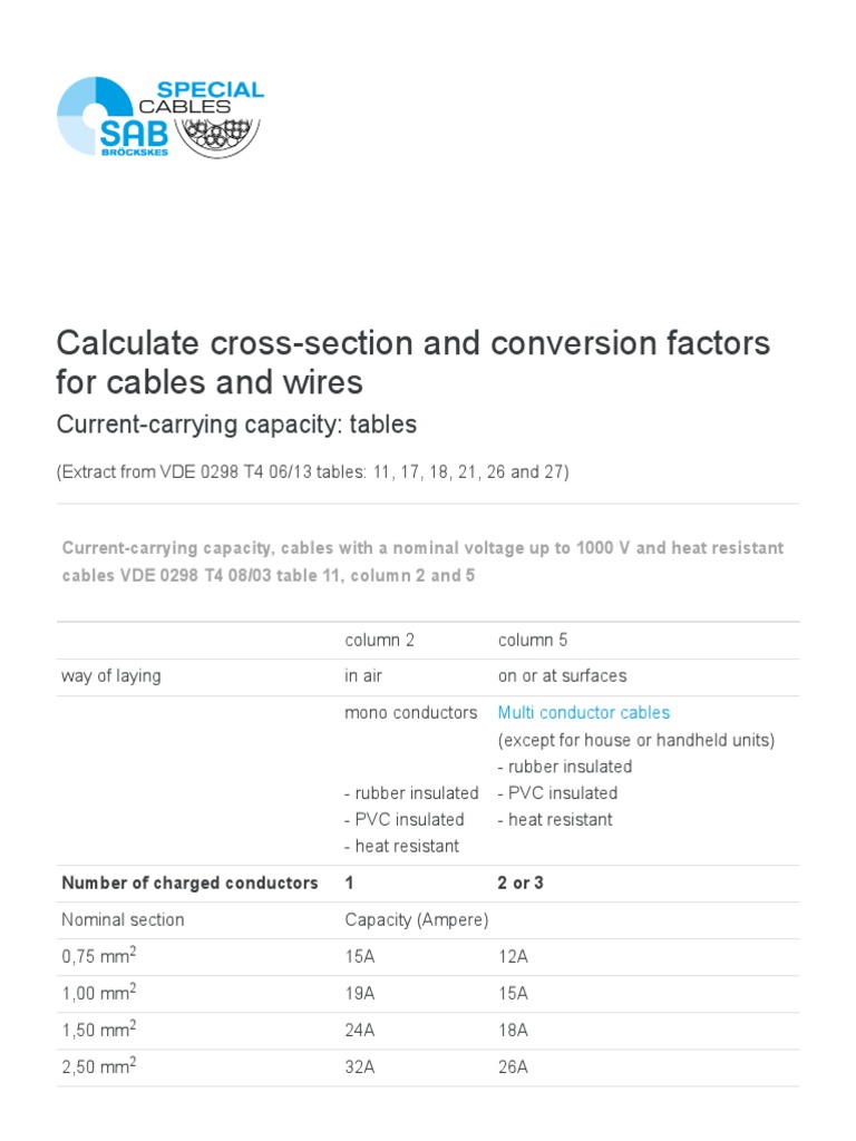 Current Carrying Capacity Table - Calculate Cable Cross Section | PDF ...