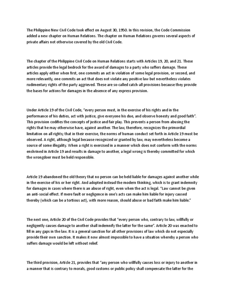 The Philippine Civil Code Article 19, 20 and 21 | PDF | Tort | Damages
