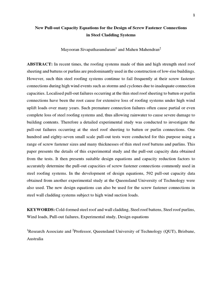 Pull Out Resistance of Roof Fasteners | PDF | Screw | Strength Of Materials