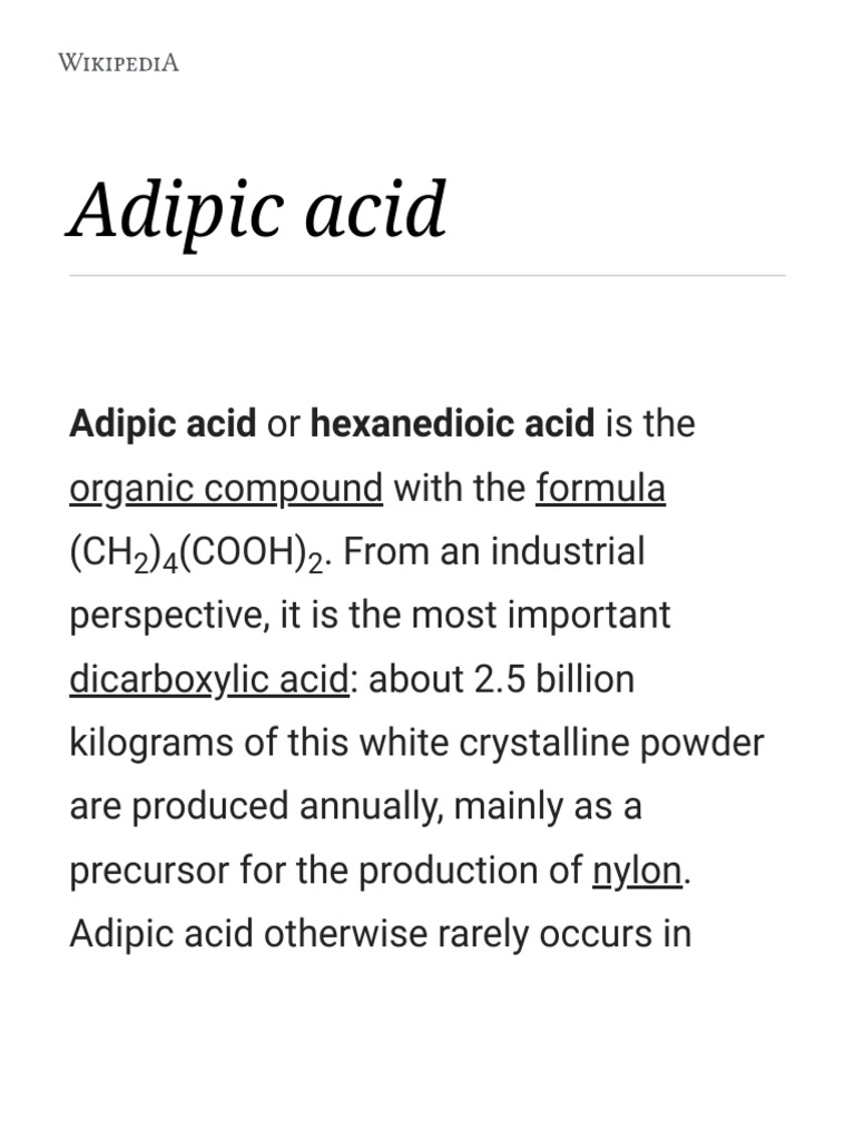 Adipic Acid - Wikipedia PDF | PDF | Chemical Substances | Chemical ...