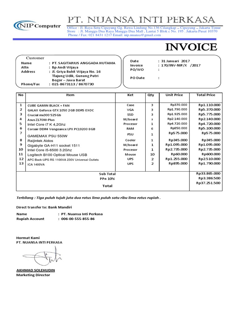 Invoice for PT. Sagitarius Anggada Hutama | PDF | Computer Hardware ...