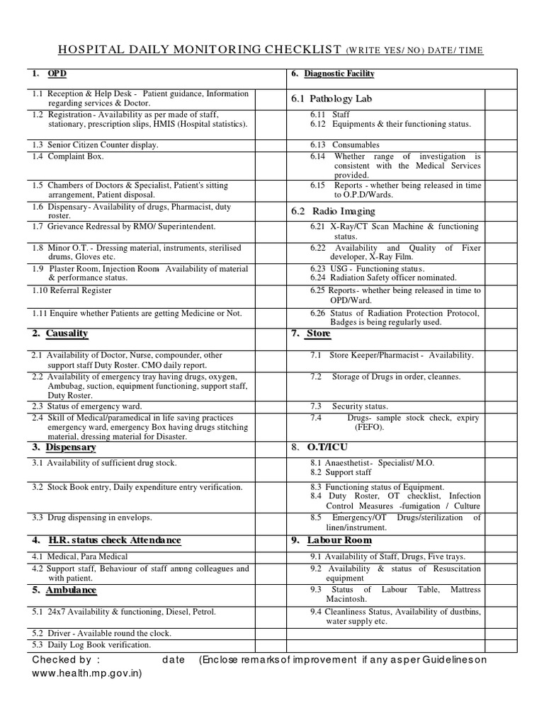 Daily Hospital Monitoring Checklist | PDF | Hospital | Pharmacy