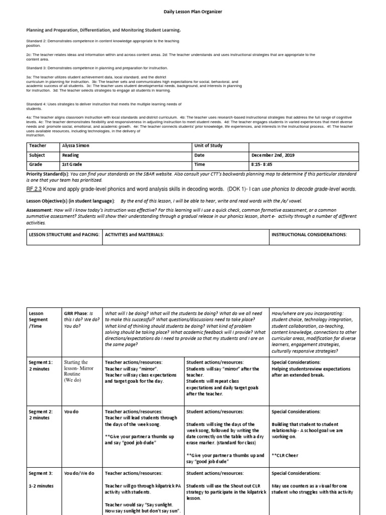 Observation 2 Lesson Plan 2019-2020 | PDF | Lesson Plan | Teachers