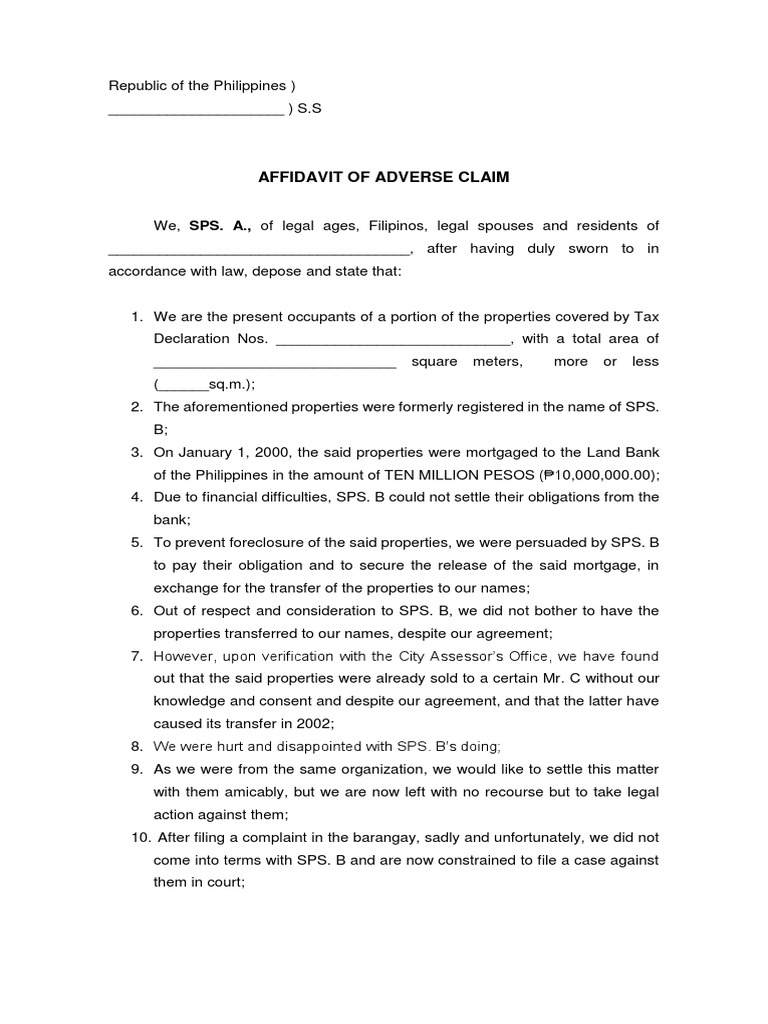 Affidavit of Adverse Claim | PDF | Affidavit | Foreclosure
