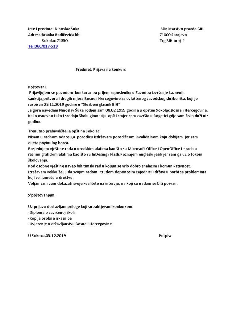 Prijava Za Konkurs | PDF