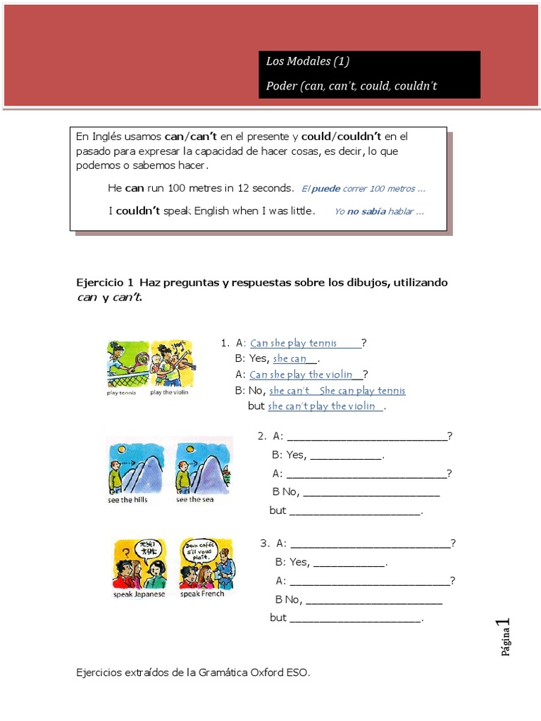 Ejercicios de "can" y "can't" para niños | PDF