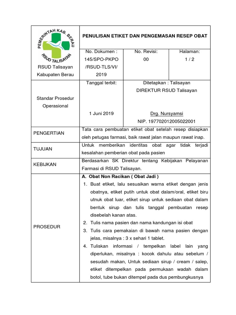 SPO Penulisan Etiket Dan Pengemasan Resep Obat. | PDF