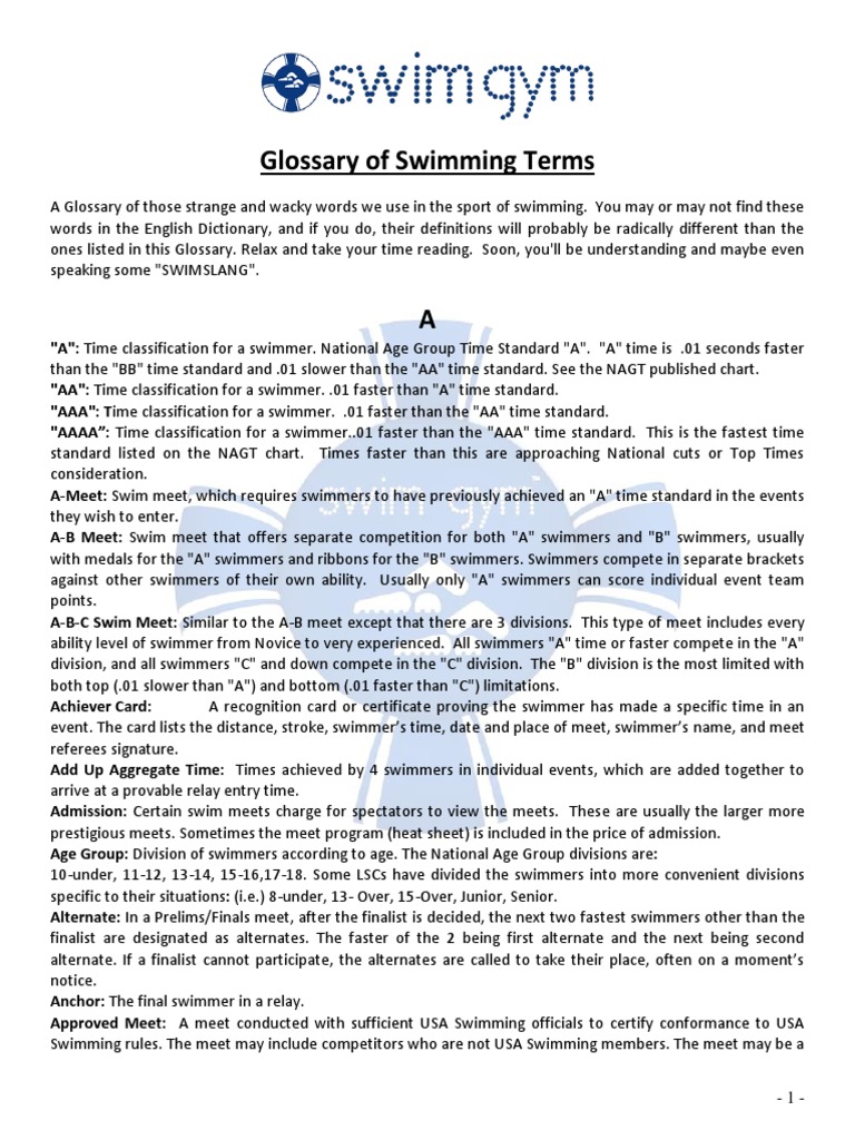 SGST Glossary of Swimming Terms | PDF | Swimming (Sport) | Swimming Pool