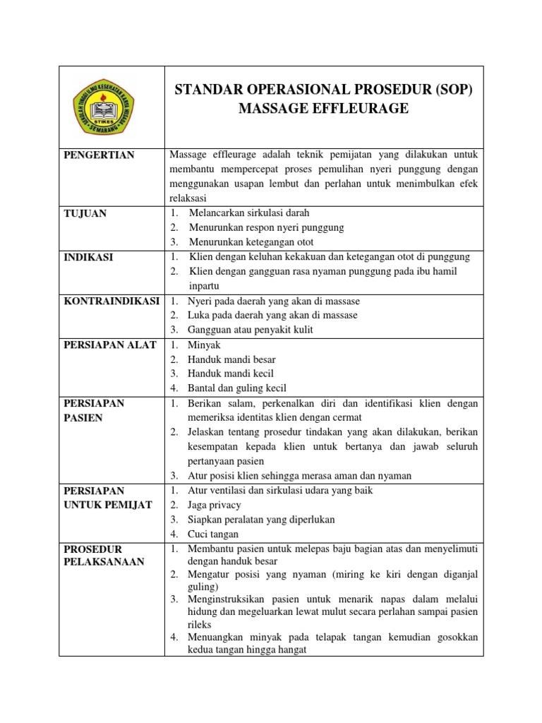 SOP Teknik Massage Effleurage | PDF | Pengembangan Diri | Kesehatan ...