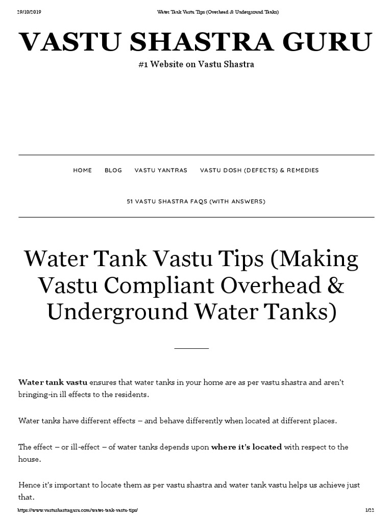Water Tank Vastu Tips (Overhead & Underground Tanks) | PDF