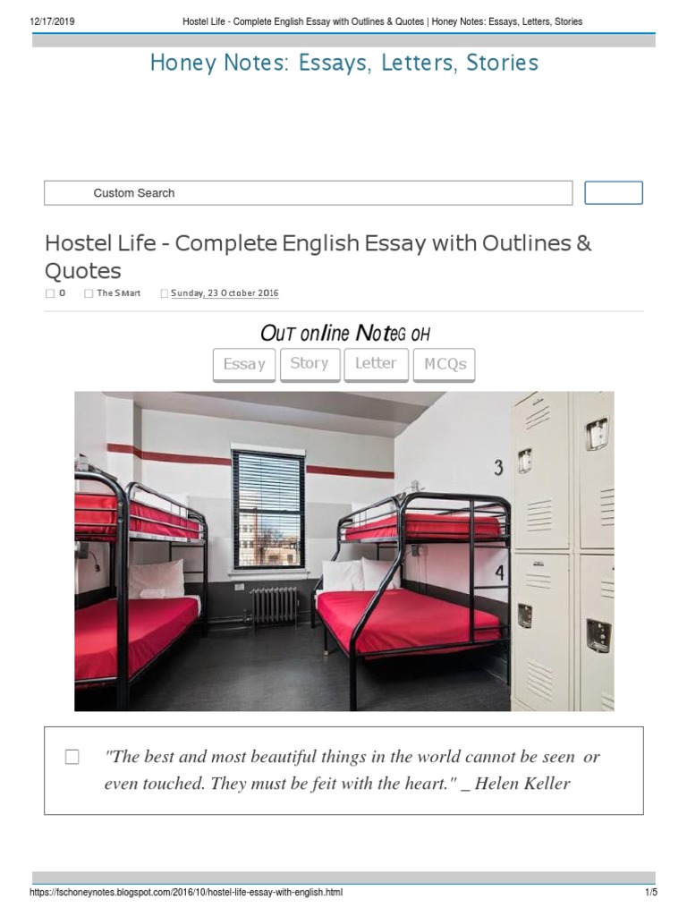 Hostel Life - Complete English Essay With Outlines & Quotes - Honey ...