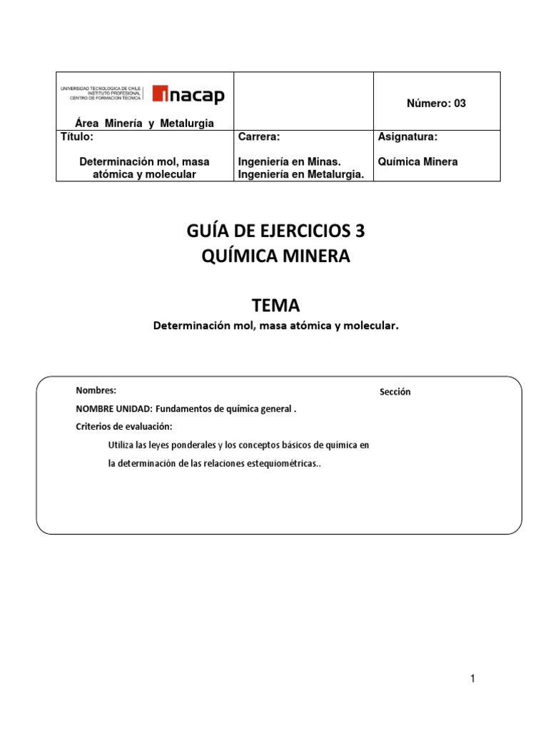 AAI - OPQM01 - Guía de Ejercicios Determinación Mol, Masa Atómica y ...