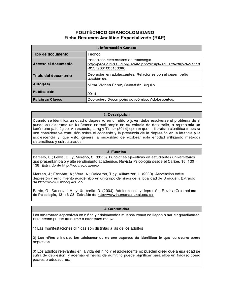 Formato Ficha RAE | PDF | Inteligencia | Trastorno depresivo mayor