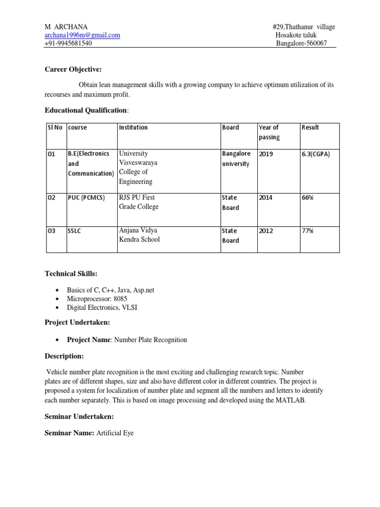 Archana Resume | PDF | Visual Impairment | Cognitive Science