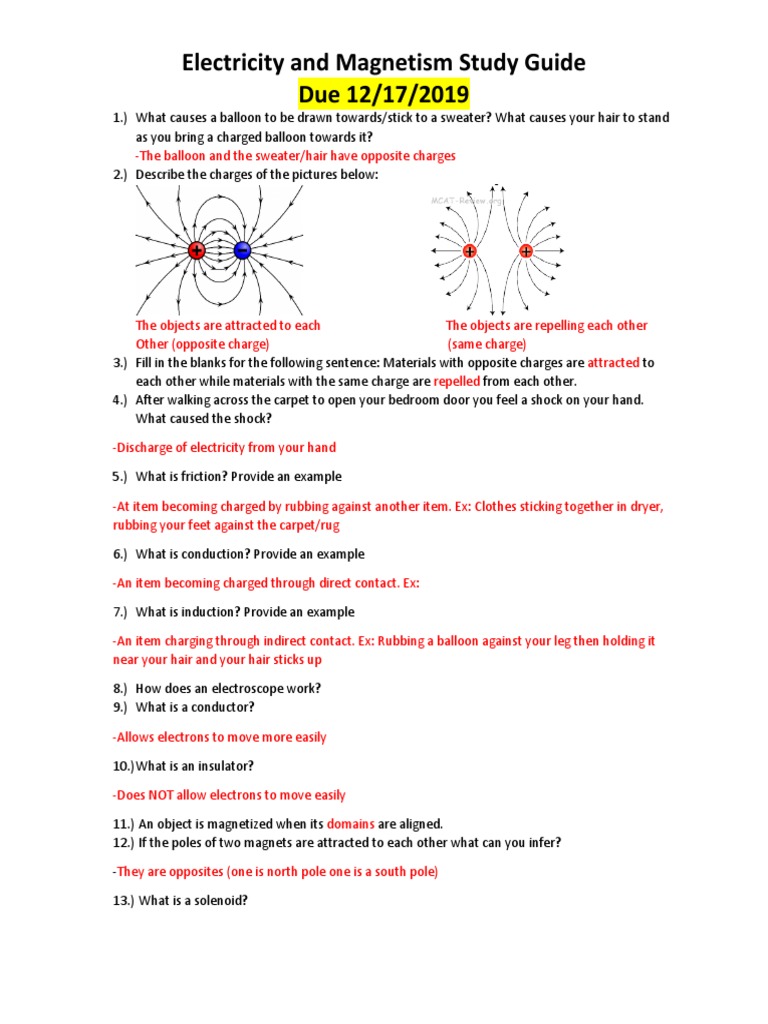 Electricity and Magnetism Study Guide Answer Key | PDF