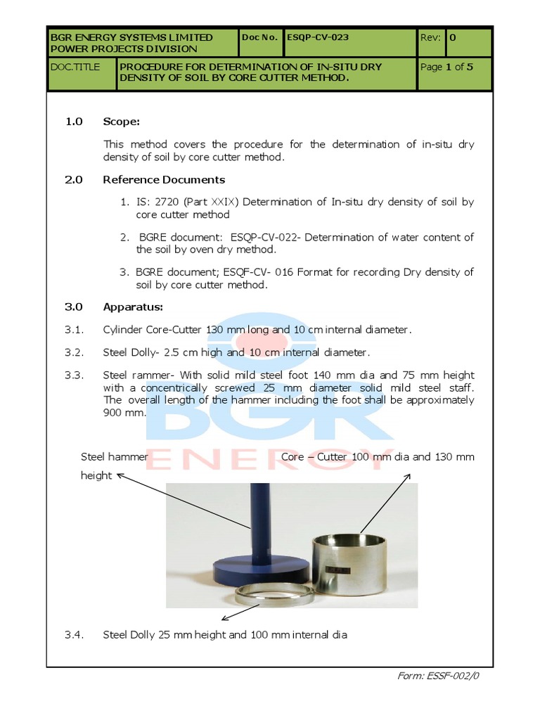 023 Determ In-Situ Dry Density Core Cutter Method | PDF | Density | Soil