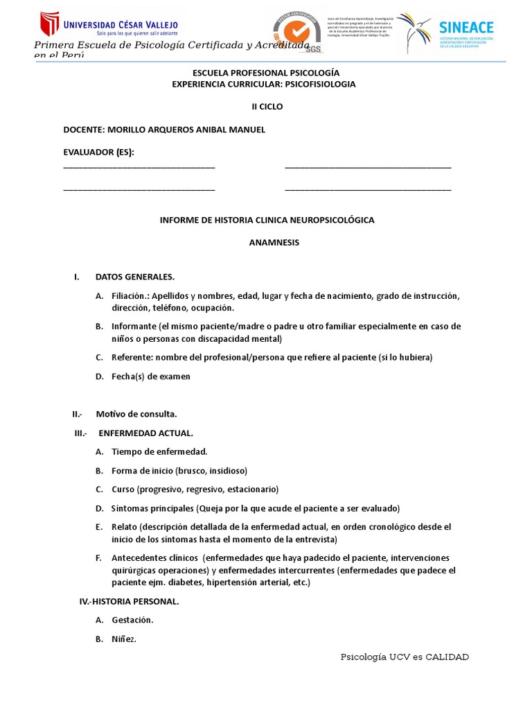 Esquema de Informe de Historia Clínica | PDF | Neuropsicología | Sicología