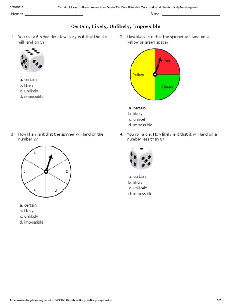 Certain, Likely, Unlikely, Impossible (Grade 7) | PDF | Bowling ...