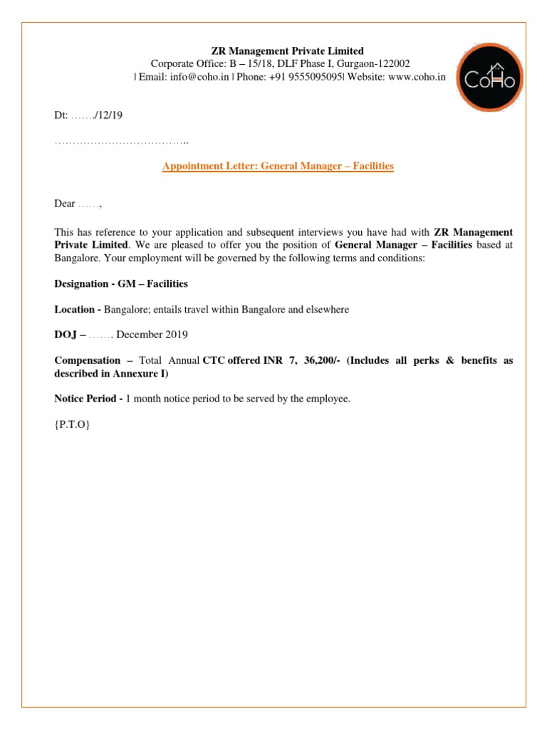 Appointment Letter - Draft | PDF | Employment | Common Law