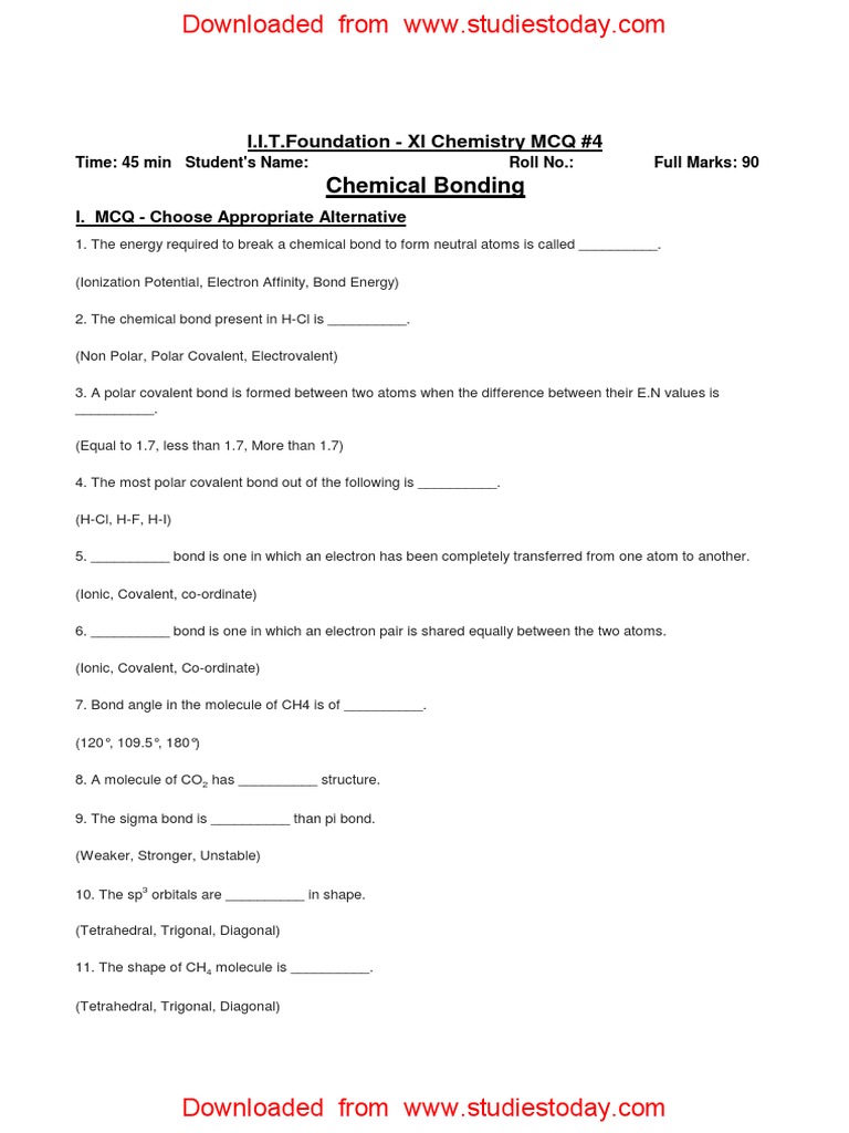 Class 11 Chemical Bonding MCQs | PDF | Covalent Bond | Chemical Polarity