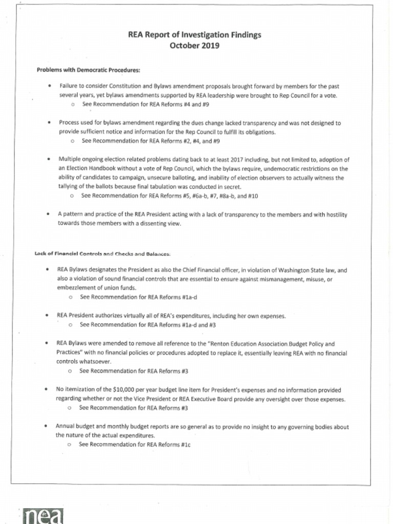 NEA and WEA Investigation Findings Regarding The REA