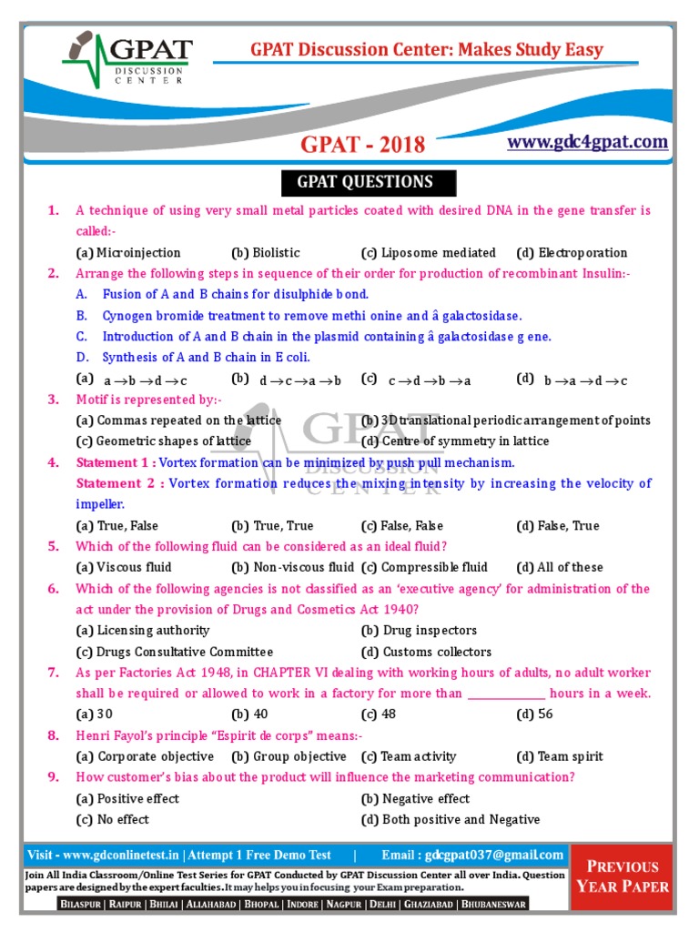 Gpat - 2018 Question Paper | PDF | Salt (Chemistry) | Tablet (Pharmacy)