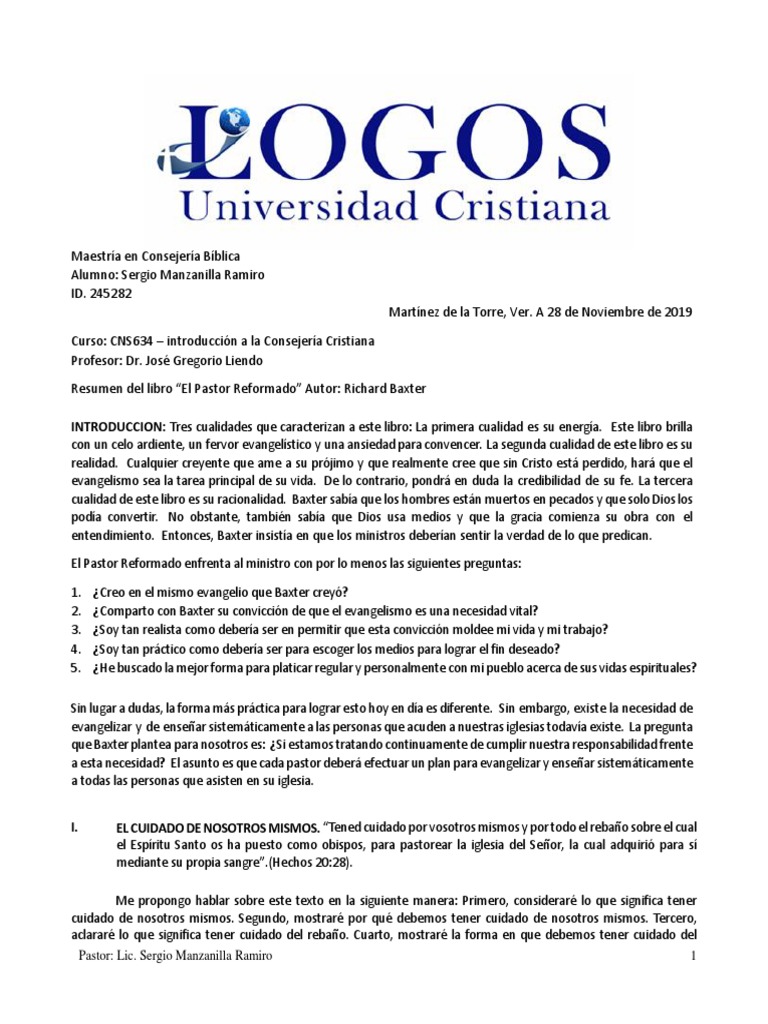 Resumen Del Libro El Pastor Reformado | PDF | Cristo (título) | Pecado