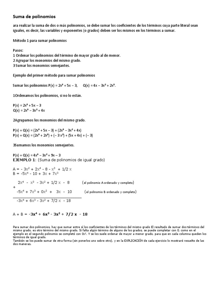 Suma de Polinomios | PDF | División (Matemáticas) | Álgebra abstracta