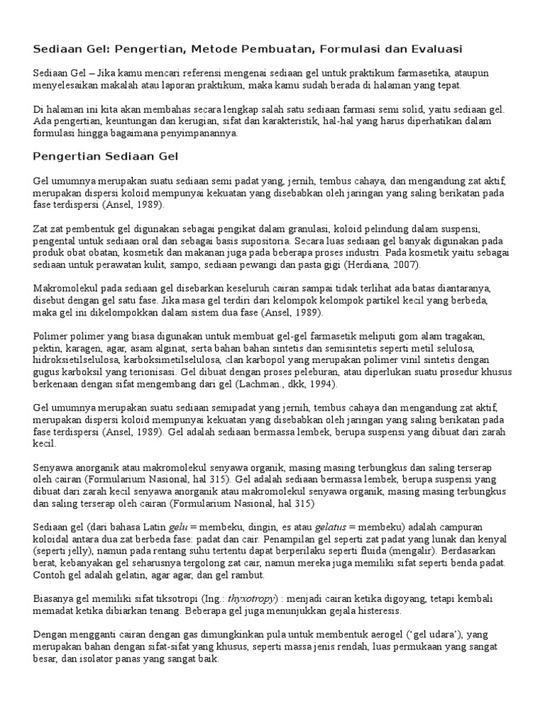 Pengertian, Metode Pembuatan, Formulasi, dan Evaluasi Sediaan Gel Farmasi | PDF