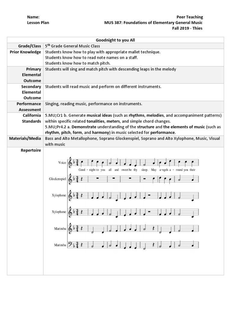 Goodnight To You All Orff Lesson Plan | PDF | Teachers | Behavior ...