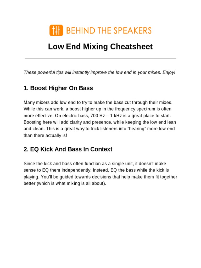 Low End Mixing Cheatsheet | PDF | Equalization (Audio) | Sound ...