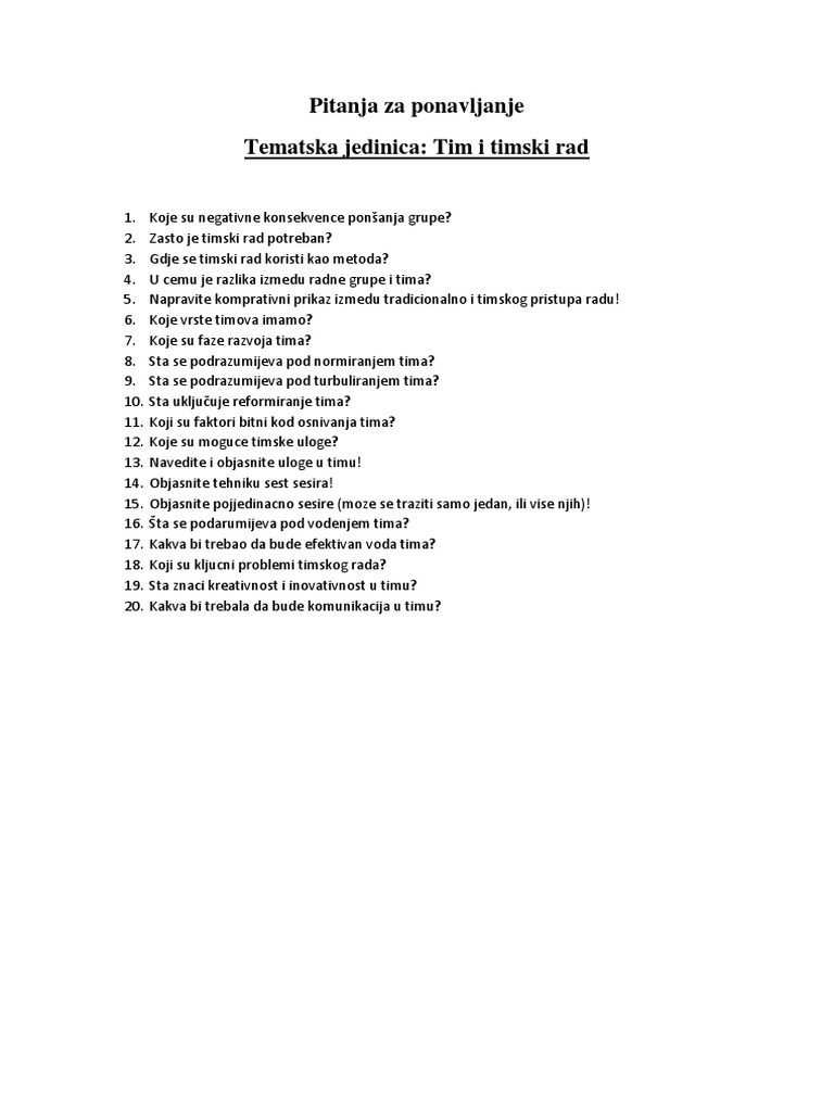 Pitanja - Tim I Timski Rad | PDF