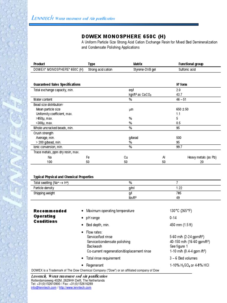 Dowex Monosphere 650C (H) | PDF | Water Purification | Ion Exchange