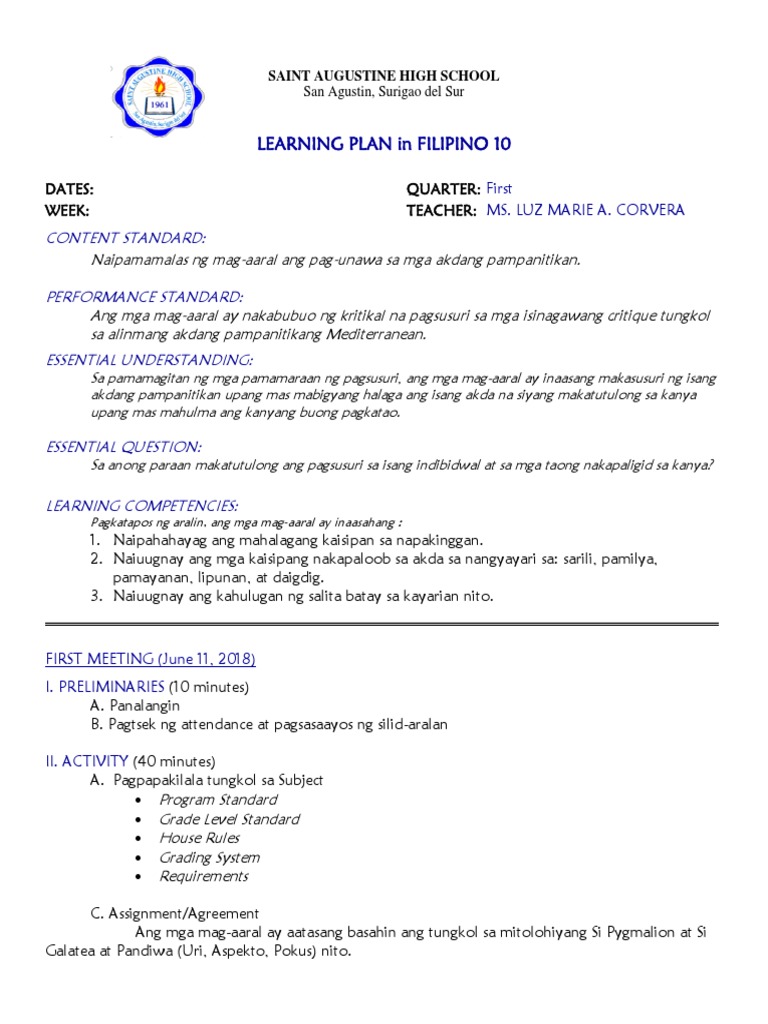 Learning Plan Sa Filipino | PDF